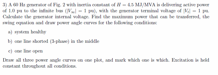 Solved 3) A 60 Hz generator of Fig. 2 with inertia constant | Chegg.com