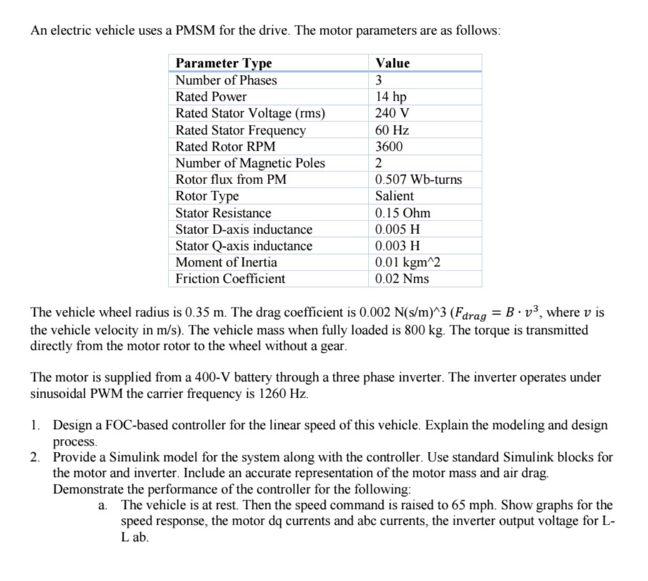An electric vehicle uses a PMSM for the drive. The | Chegg.com
