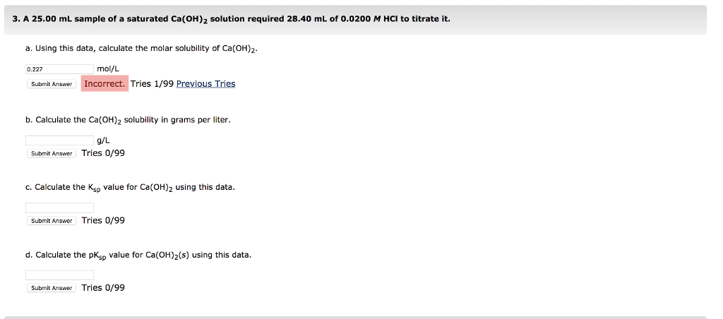 Solved 3. A 25.00 mL sample of a saturated Ca(OH)2 solution | Chegg.com