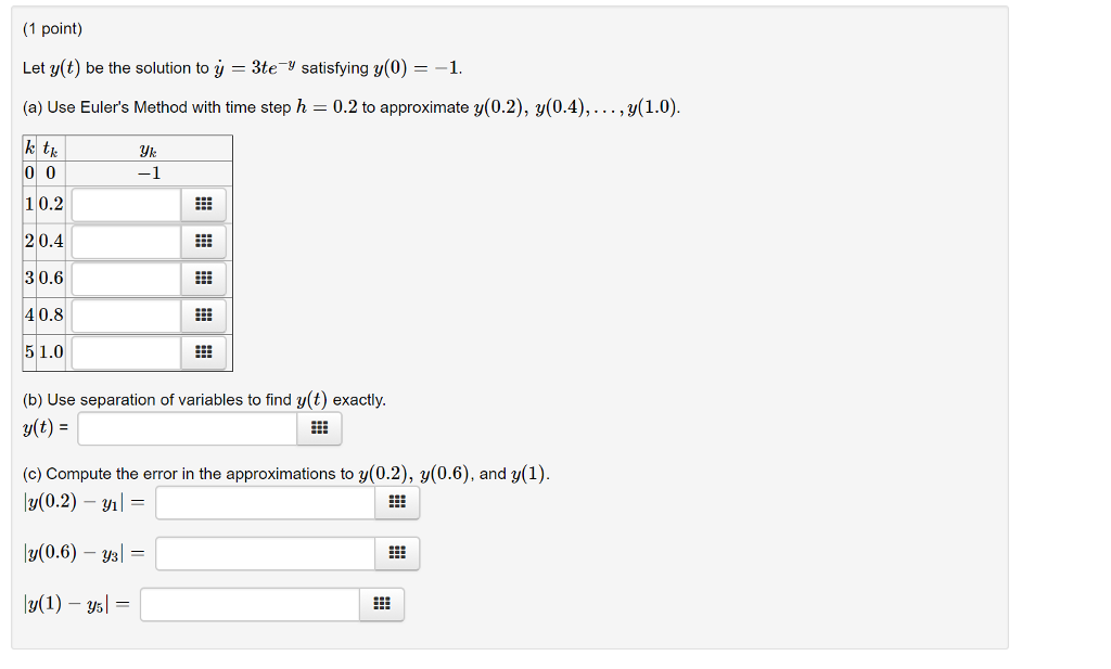 Solved (1 point) Let y(t) be the solution to y = 3te_y | Chegg.com