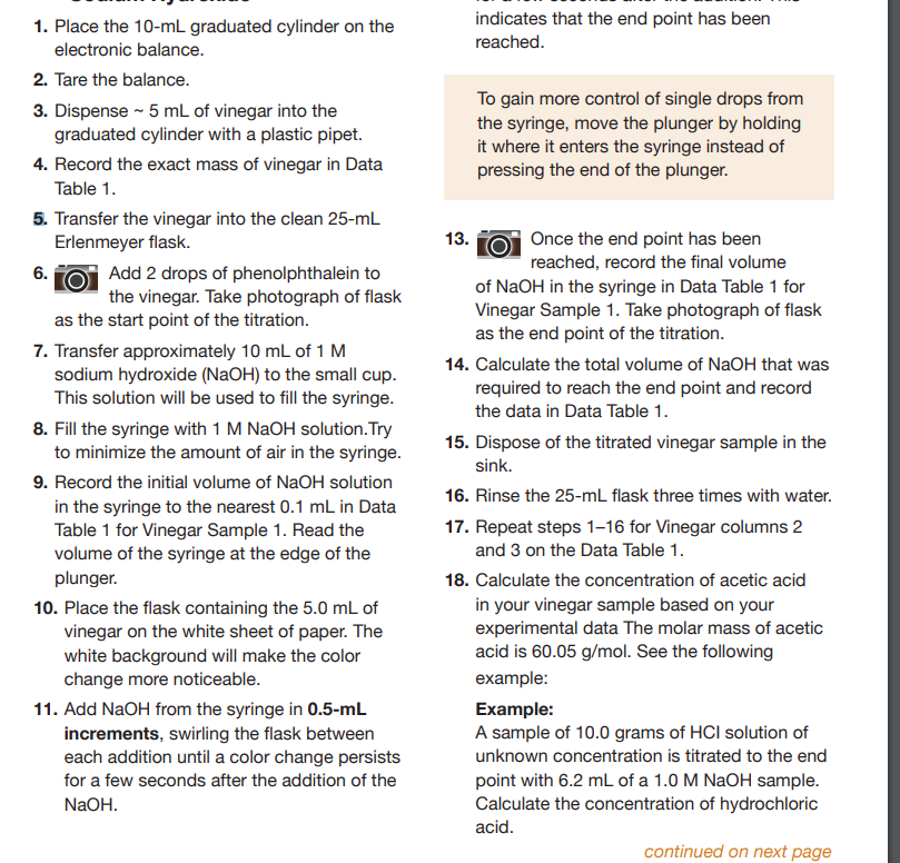 Solved Activity 1 Data Table 1: Titration of Vinegar with | Chegg.com