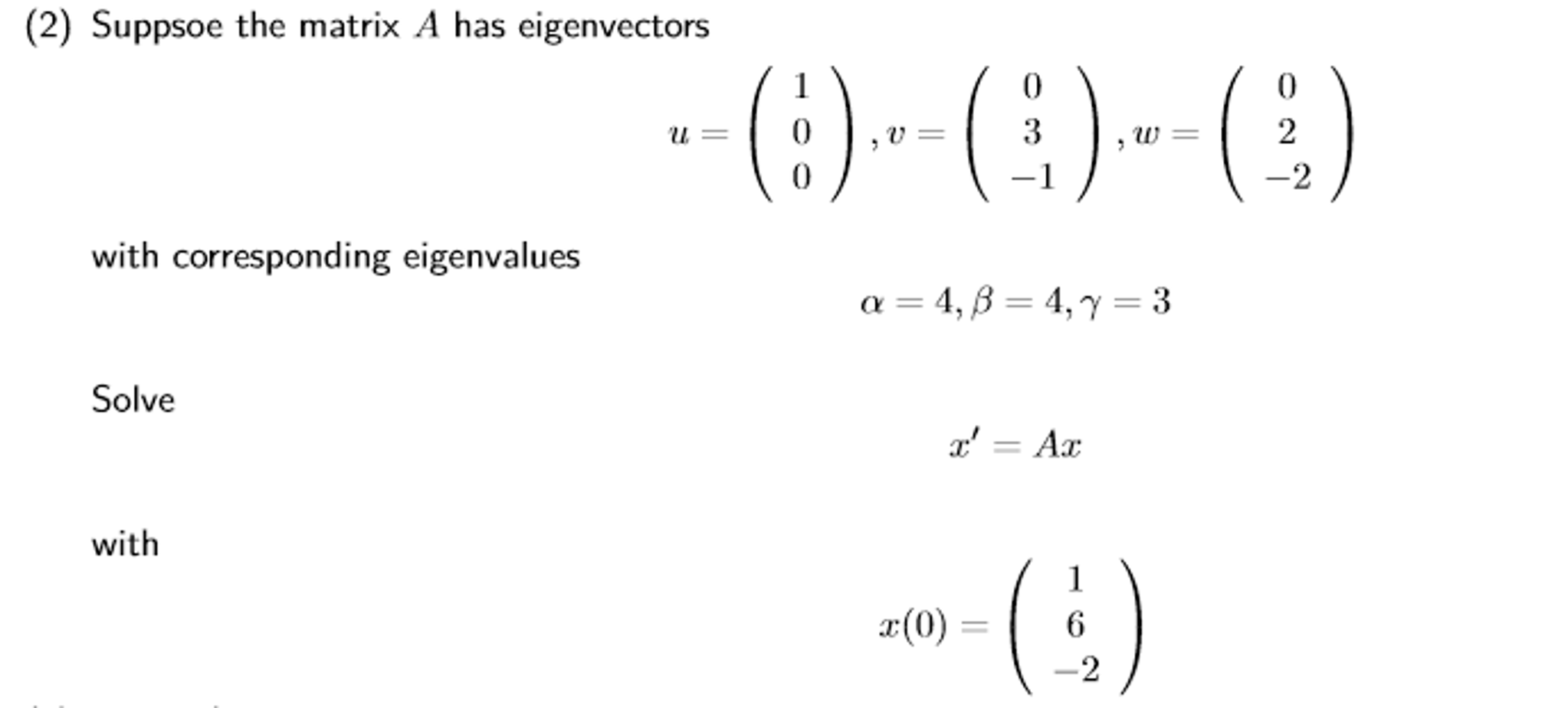 Solved Suppose the matrix A has eigenvectors u = (1 0 0), v | Chegg.com