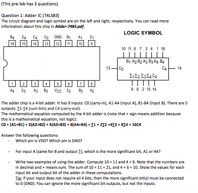 Solved (This pre-lab has 3 questions) Question 1: Adder IC | Chegg.com
