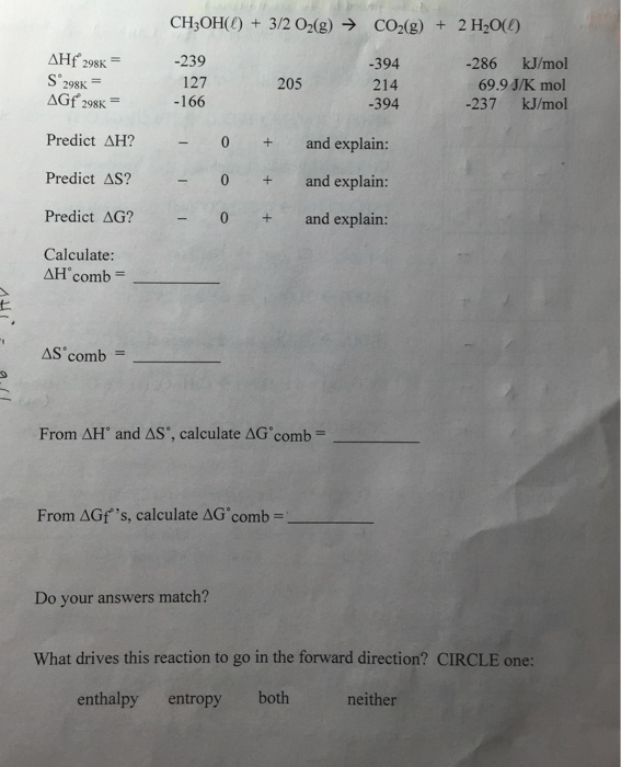 Solved CH3OH (l) 3/2 O2(g) CO2 (g) 2 H200) AHf 298K. -239 | Chegg.com