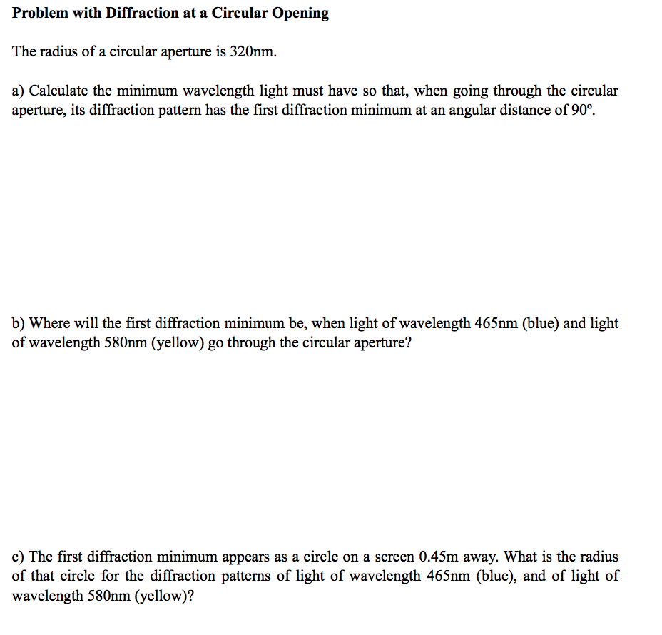 Solved Problem with Diffraction at a Circular Opening The | Chegg.com