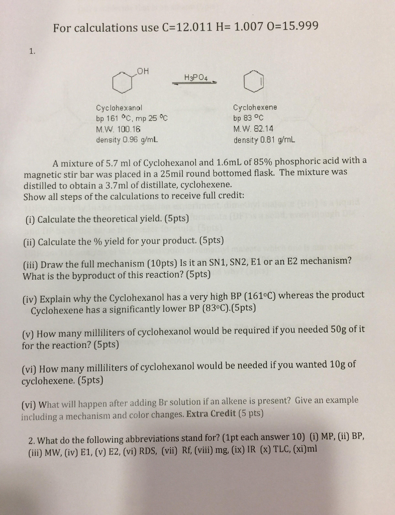 Solved For calculations use C 12.011 H 1.007 O-15.999 H3PO4 | Chegg.com