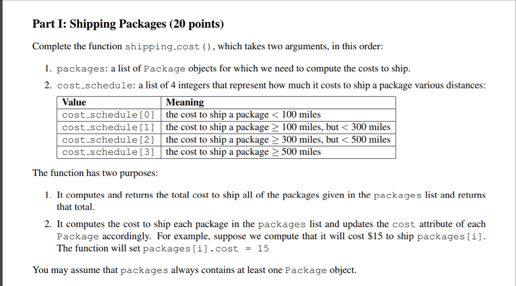 Solved Part I: Shipping Packages (20 points) Complete the | Chegg.com