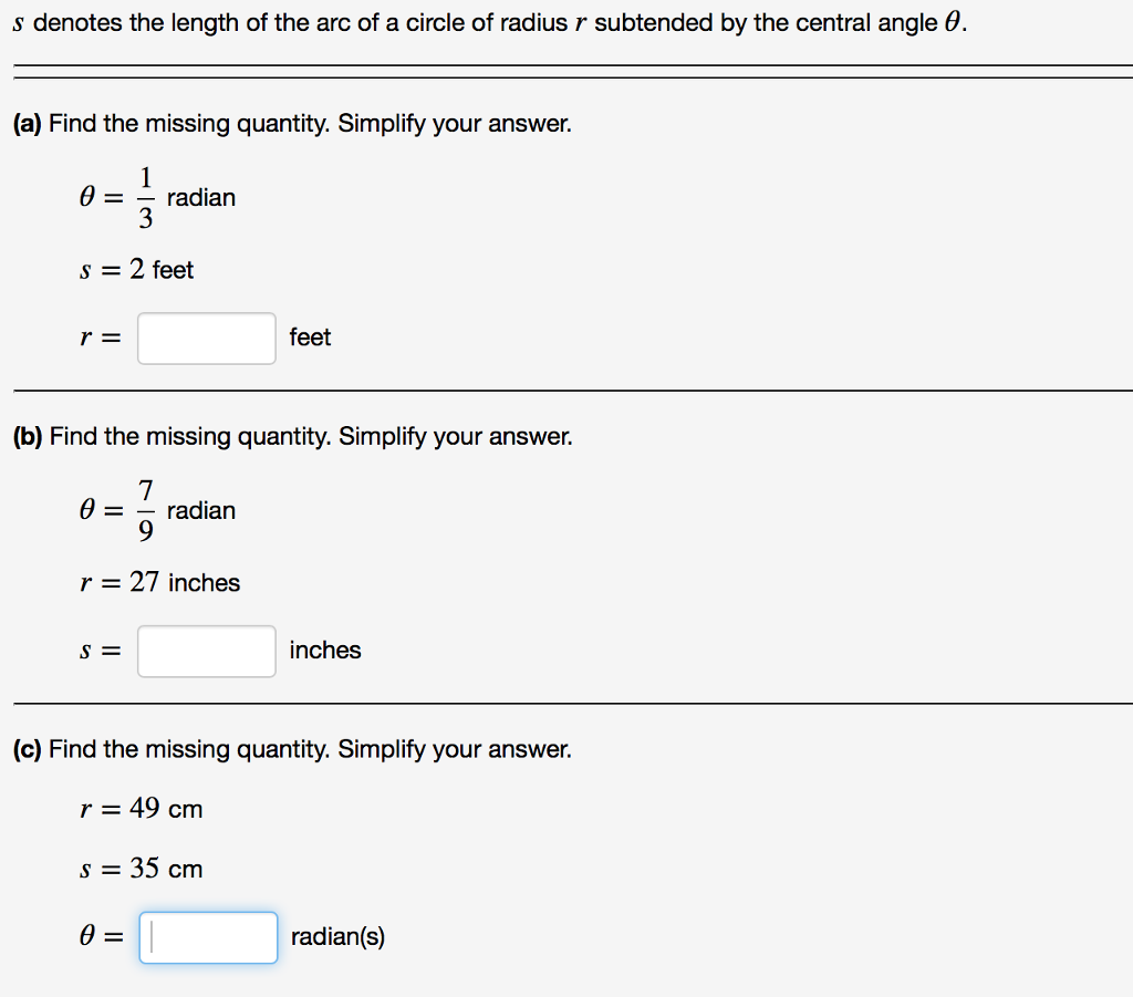 Solved S denotes the length of the arc of a circle of radius | Chegg.com