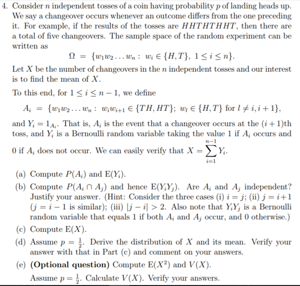 Solved 4. Consider n independent tosses of a coin having | Chegg.com