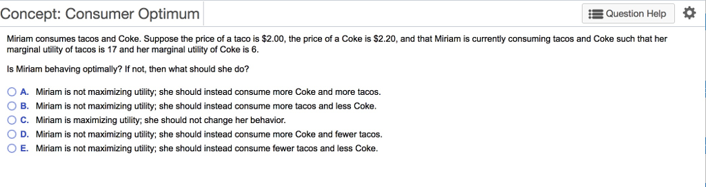 Solved Concept: Consumer Optimum Question Help Miriam | Chegg.com