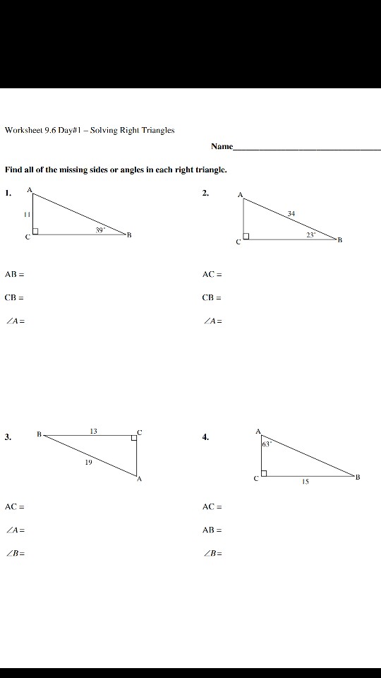 Solved Work sheel 9.6 Day#1-Solving Right Triangles Name | Chegg.com