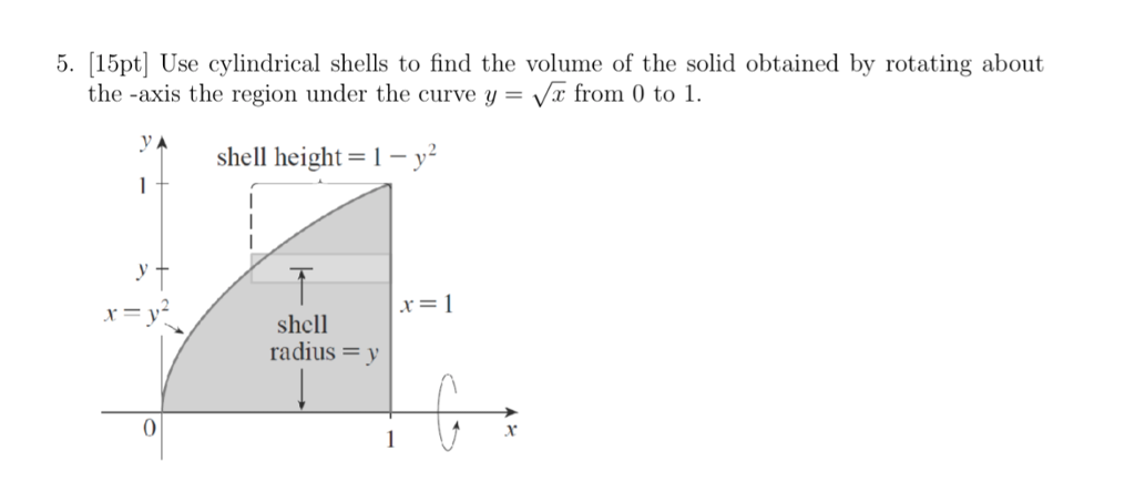 Solved 5. [15pt] Use cylindrical shells to find the volume | Chegg.com