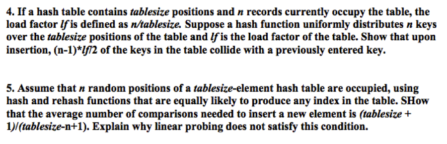 Solved 4. If a hash table contains tablesize positions and n | Chegg.com
