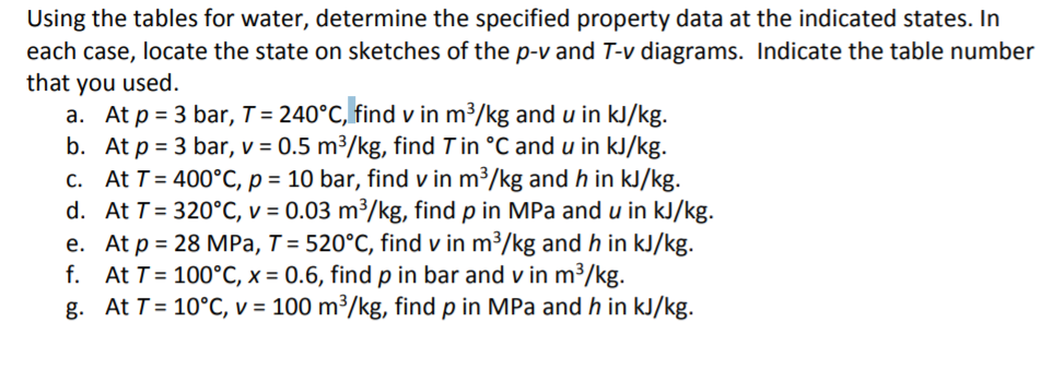 Solved Using the tables for water, determine the specified | Chegg.com
