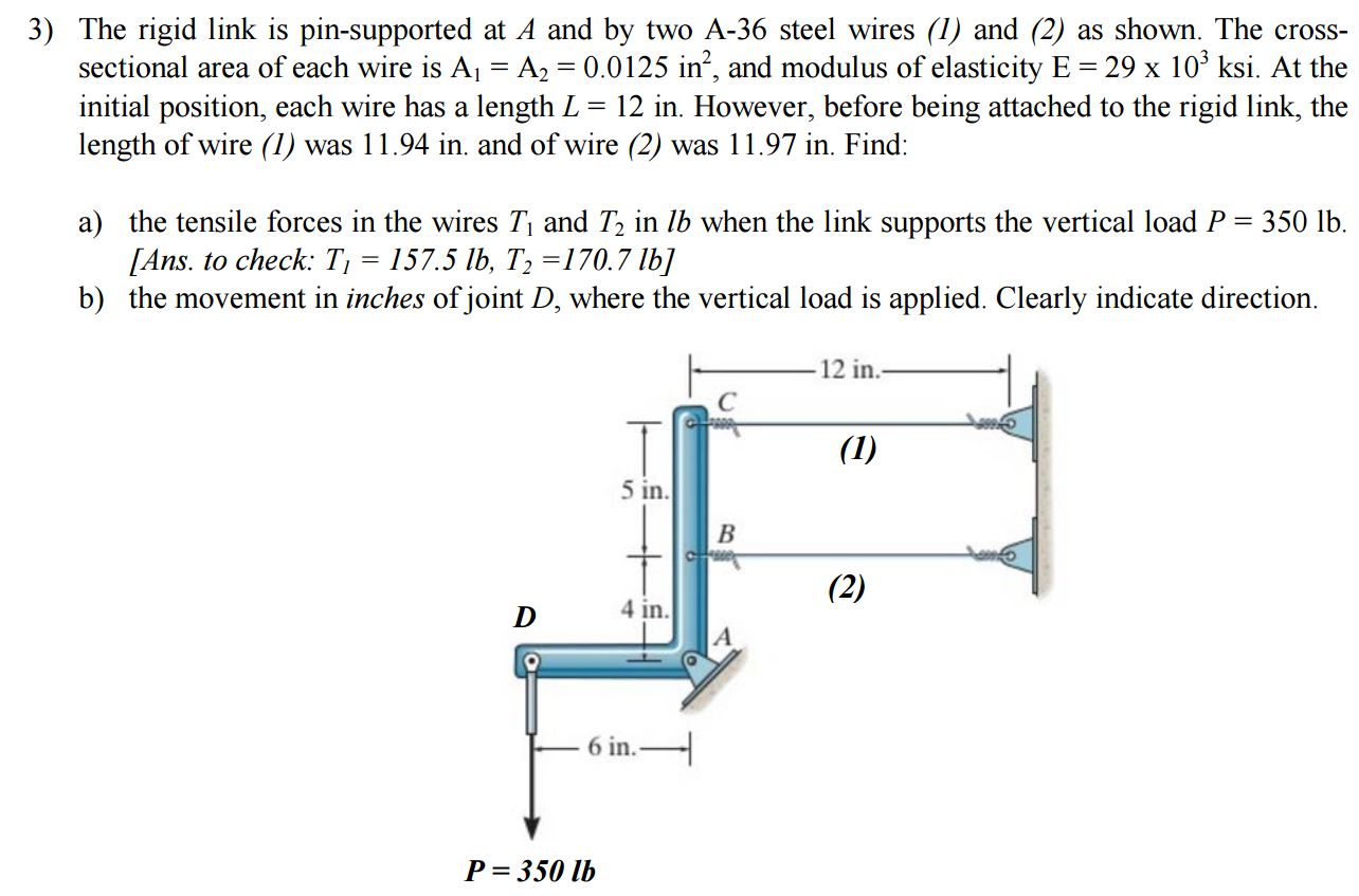 The rigid link is pin-supported at A and by two A-36 | Chegg.com