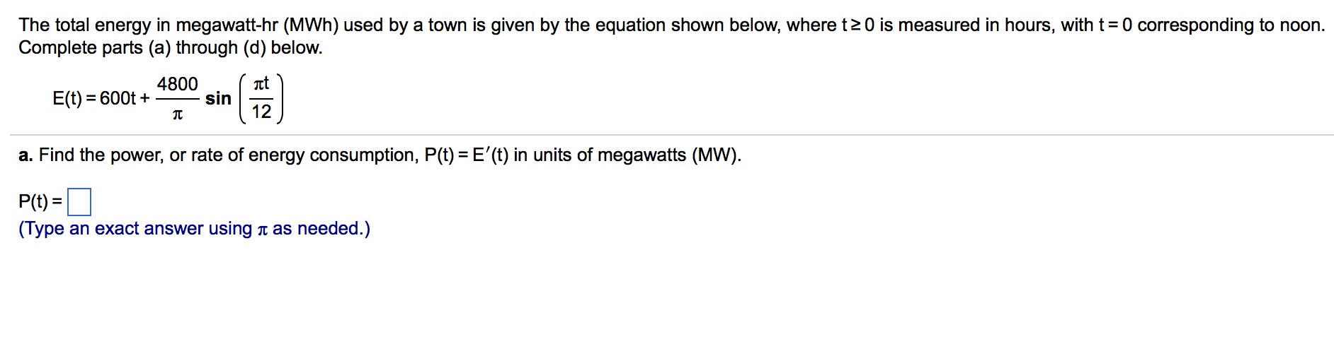 Solved The total energy in megawatt-hr (MWh) used by a town | Chegg.com