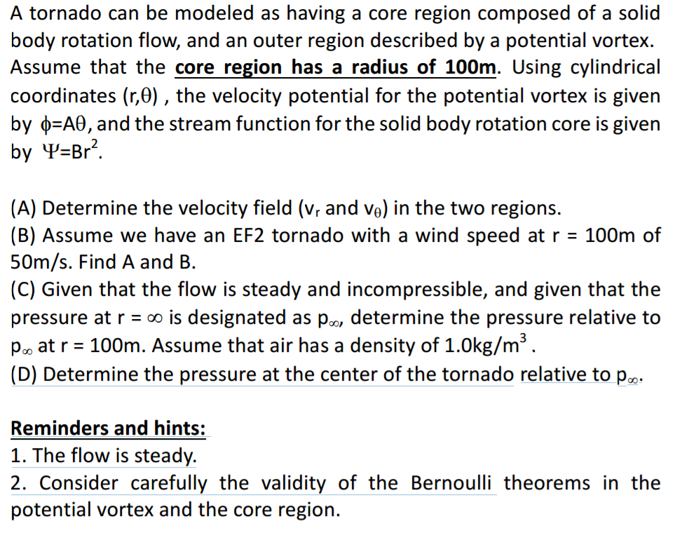 A tornado can be modeled as having a core region | Chegg.com