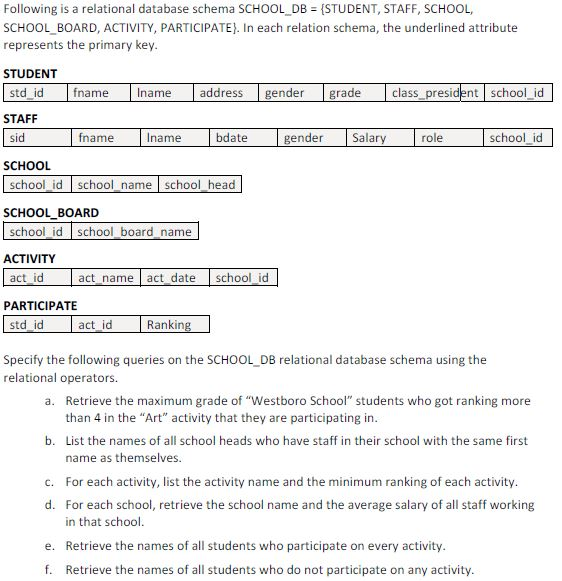 Solved Following is a relational database schema SCHOOL_DB = | Chegg.com