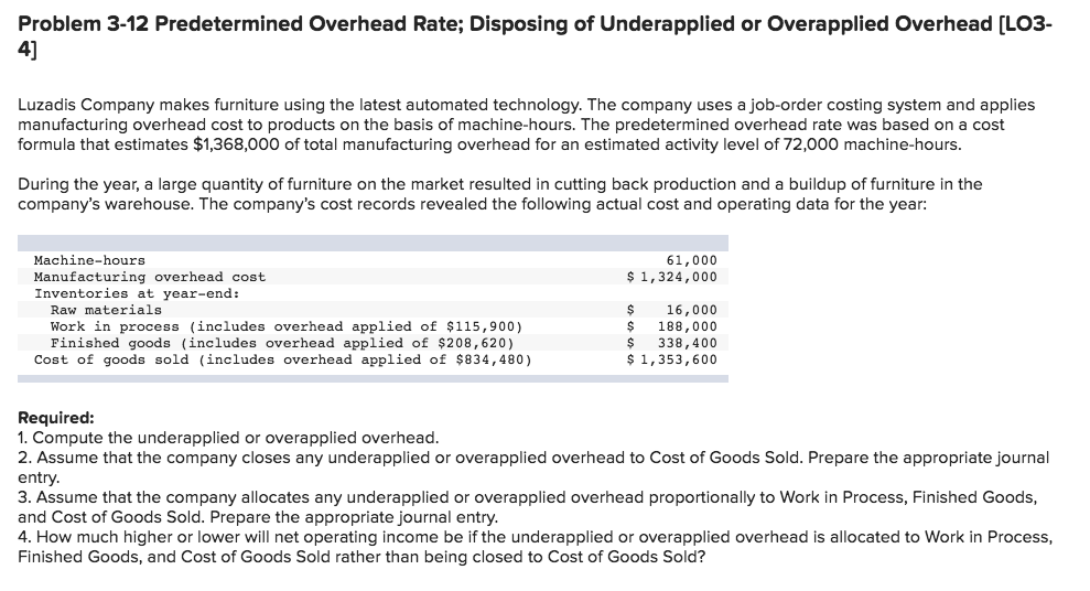 Solved Problem 3-12 Predetermined Overhead Rate; Disposing | Chegg.com