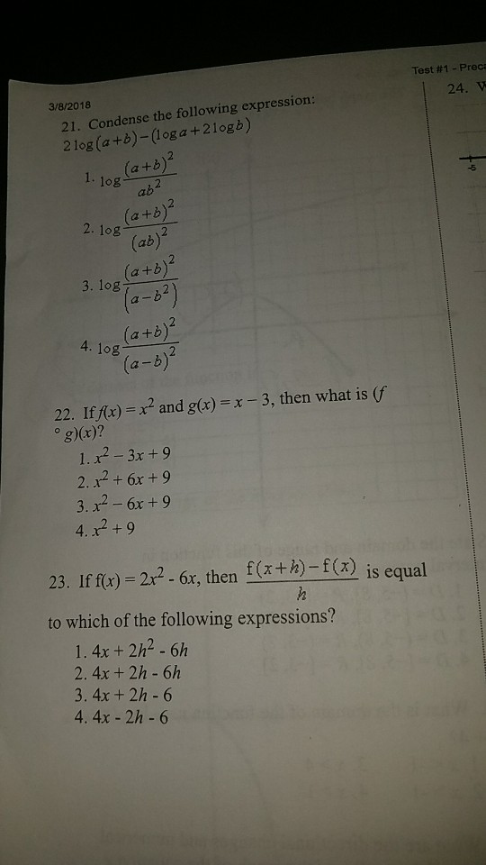 Solved Test #1-Prec 3/8/2018 24. W 21. Condense the | Chegg.com