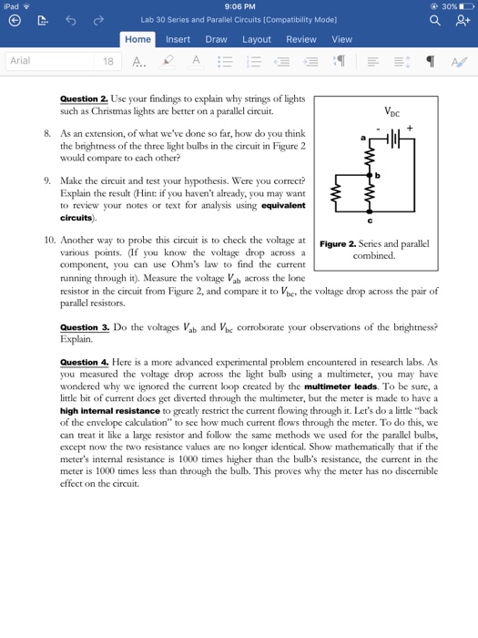 Solved iPad 9:06 PM ④ 30%. Θト勺? Lab 30 Series and Parallel | Chegg.com