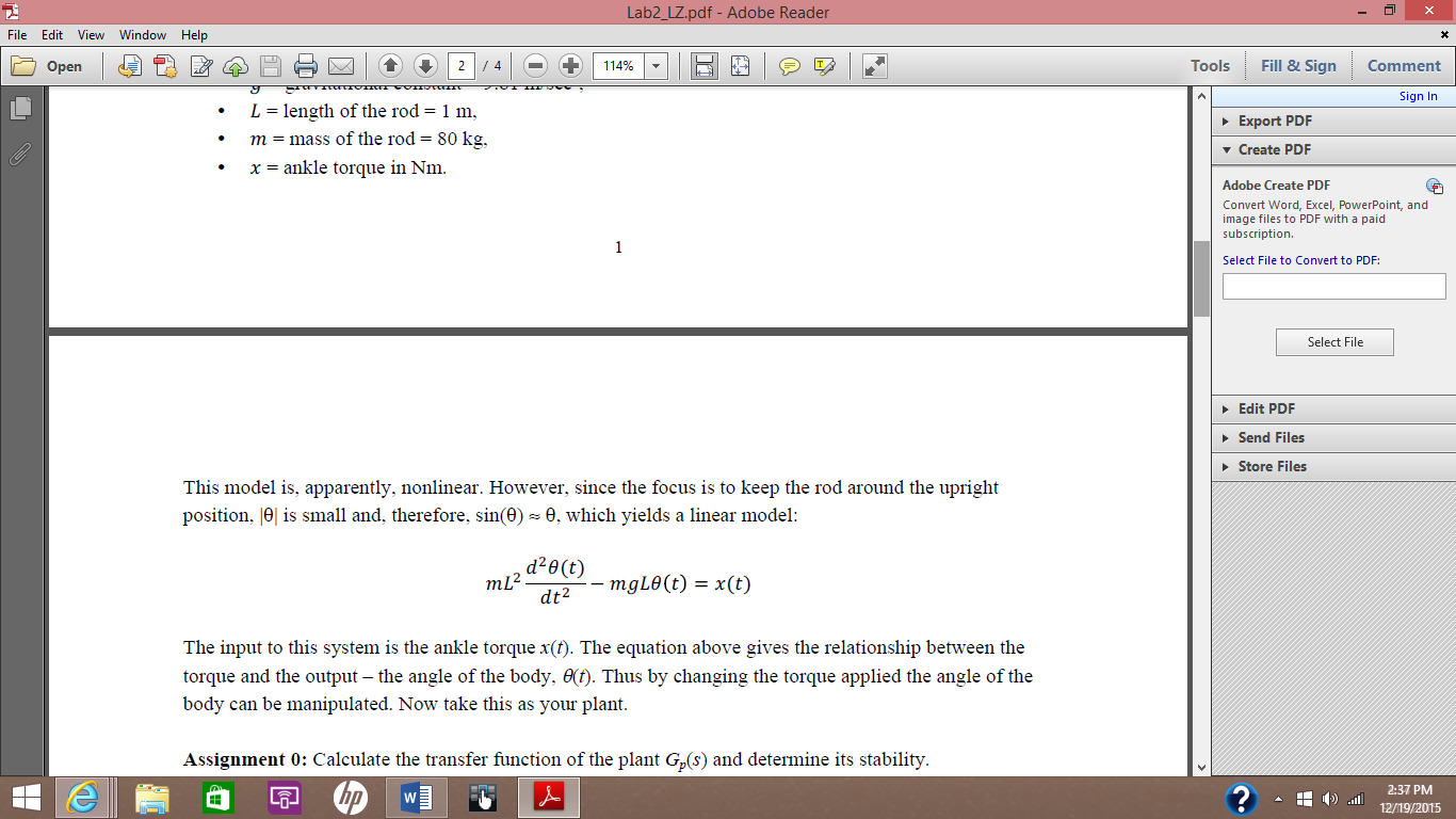 Solved Figure 1 Inverted pendulum model of the body. Using | Chegg.com