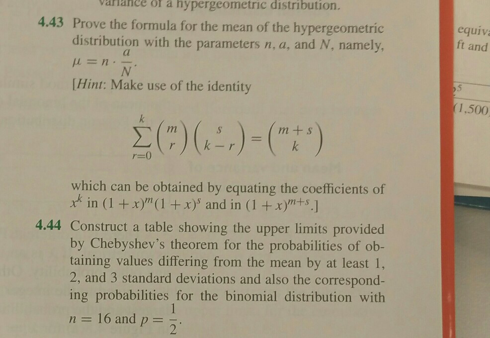 Solved valance of à hypergeometric distribution. | Chegg.com