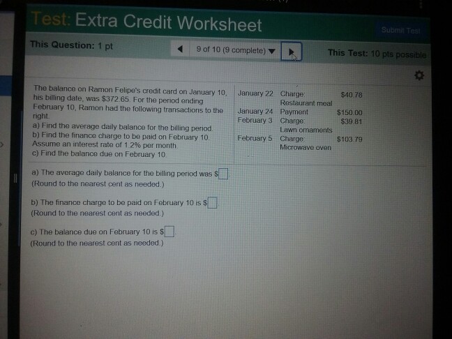 Solved Test: Extra Credit Worksheet This Question: 1 pt 9 of | Chegg.com