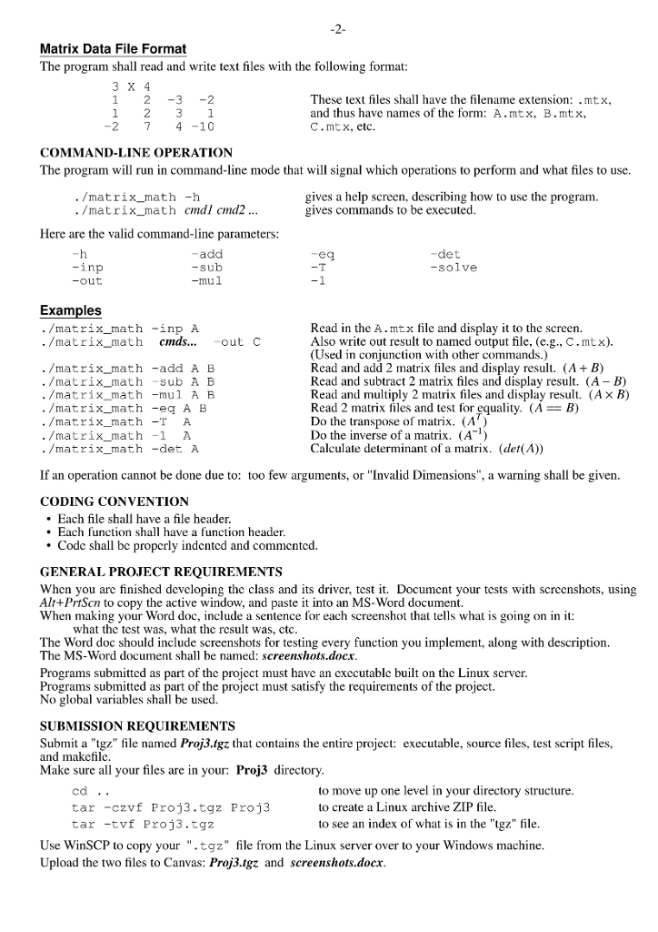 CS 202-Project 3 -Matrix Math Program PROJECT | Chegg.com