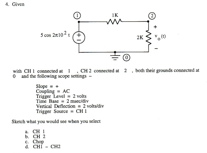 Solved 4. Given 1K 5 cos 2π 102 t (+ 2K S v0 ) with CH 1 | Chegg.com