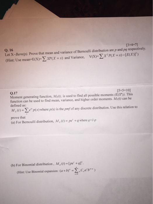 Solved Prove That Mean And Variance Of Bernoulli