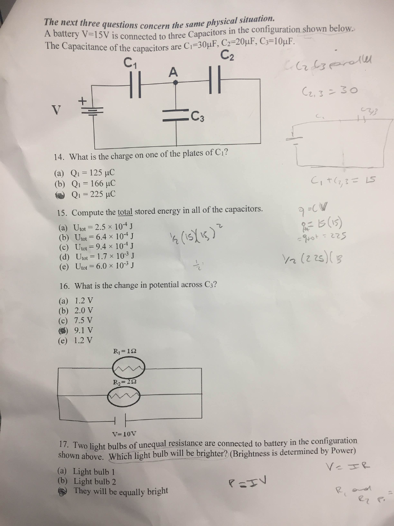 Solved A battery V=15V is connected to three Capacitors in | Chegg.com