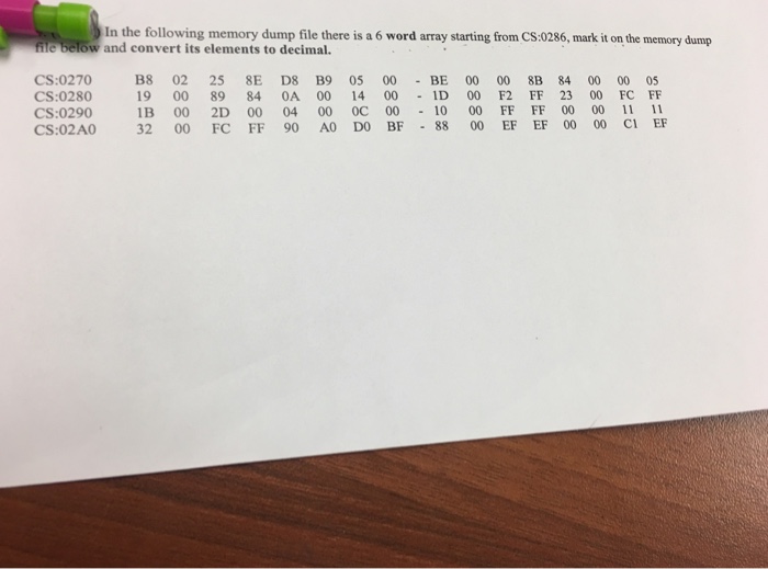 Solved In the following memory dump file is a 6 word array | Chegg.com
