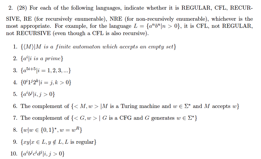 Solved 2. (28) For each of the following languages, indicate | Chegg.com