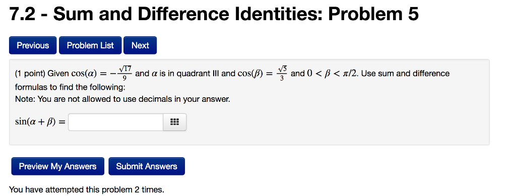 Solved 7.2 - Sum and Difference Identities: Problem 5 | Chegg.com