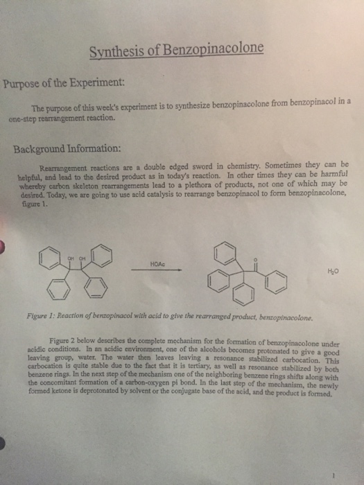 Solved Synthesis of Benzopinacolone Purpose of the | Chegg.com