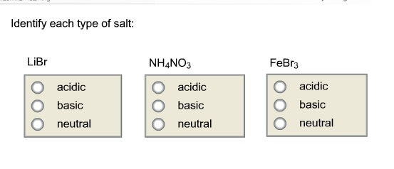 Solved Identify each type of salt: LiBr O acidic O basic O | Chegg.com