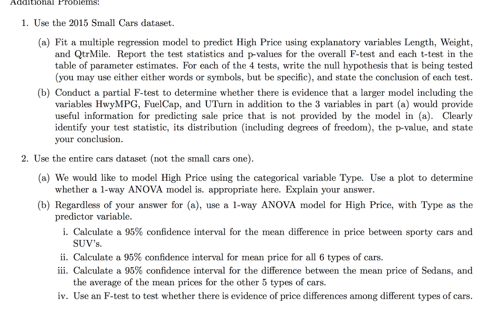 Use the 2015 Small Cars dataset. (a) Fit a multiple | Chegg.com
