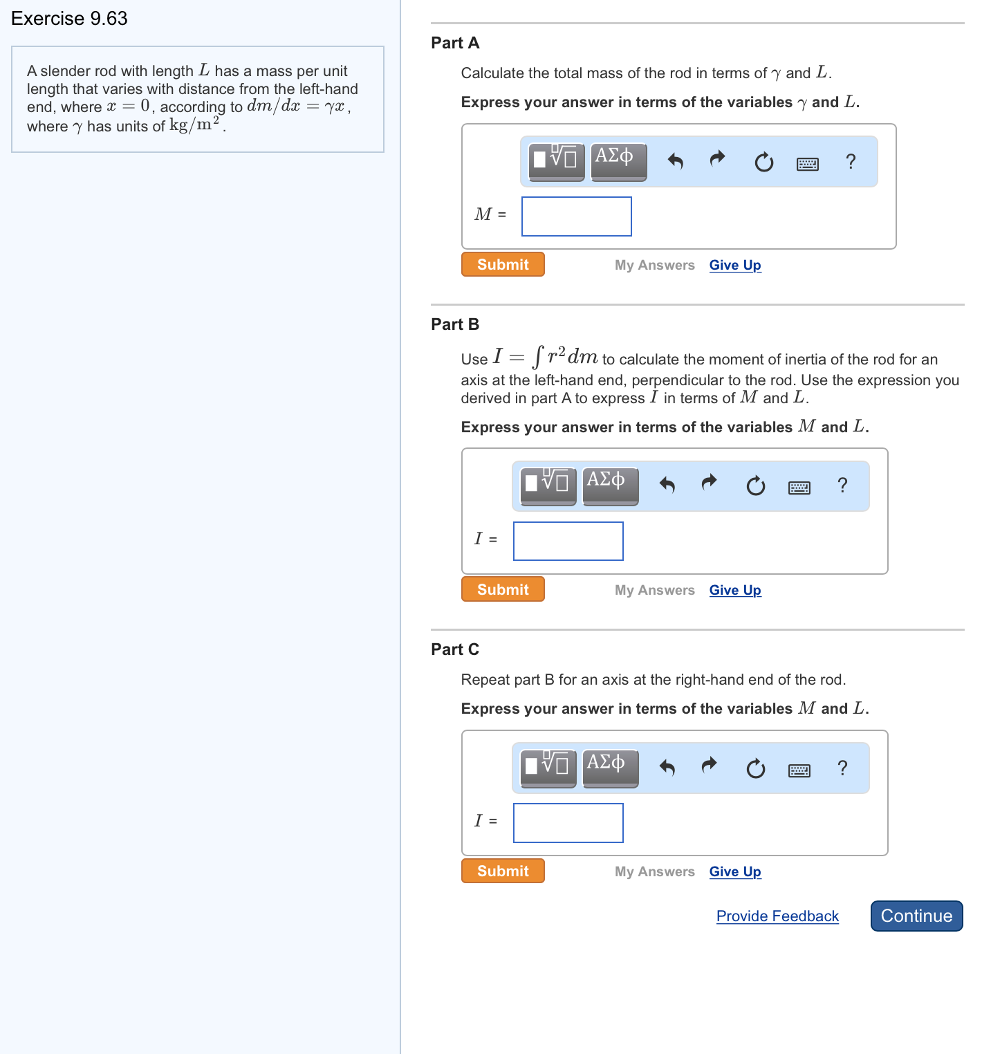 Solved A slender rod with length L has a mass per unit | Chegg.com