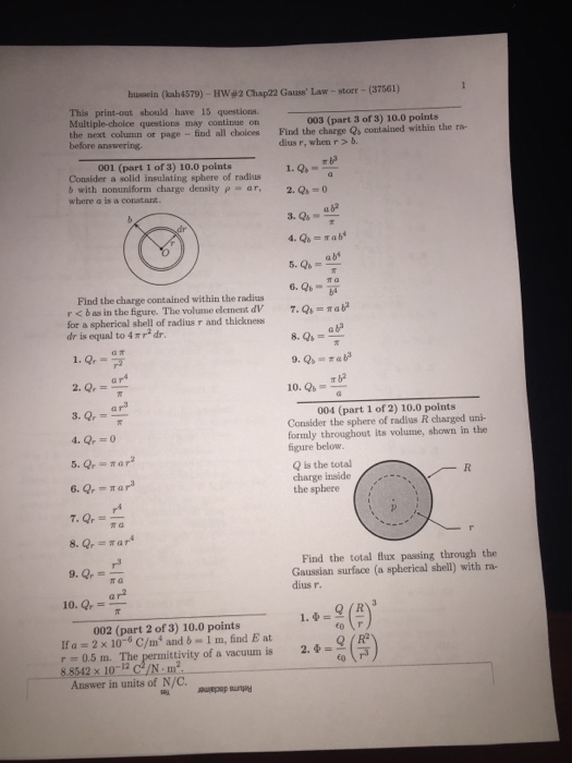 Solved hussein (kah4579 Hww2 Chap22 Gauss' Law-storr (37561) | Chegg.com