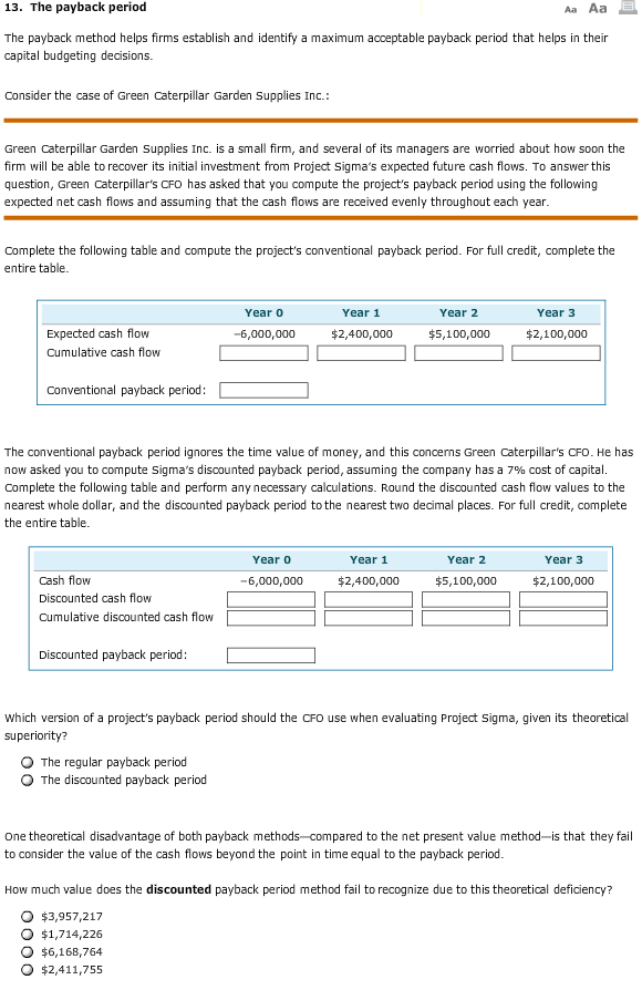 Solved 13. The payback period The payback method helps firms | Chegg.com