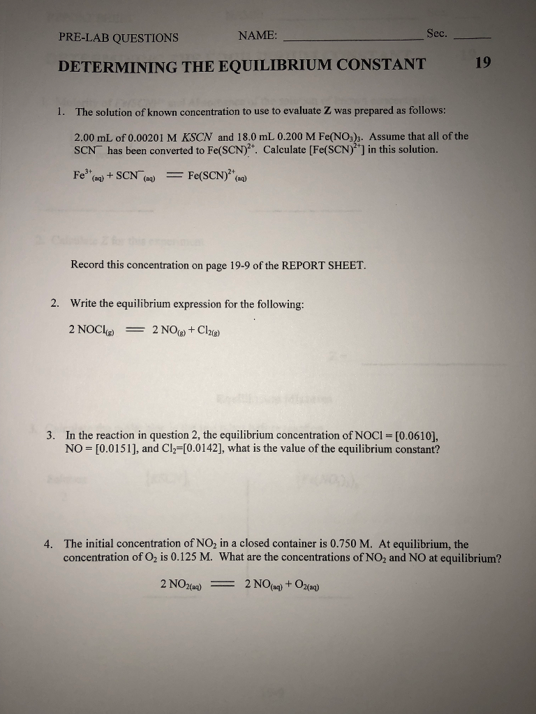 Solved PRE-LAB QUESTIONS NAME: Sec. DETERMINING THE | Chegg.com