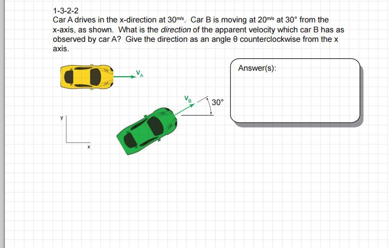 Solved Car A drives in the x-direction at 30m/s. Car B is | Chegg.com
