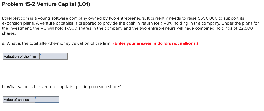 Solved Problem 15-2 Venture Capital (LO1) Ethelbert.com is a | Chegg.com