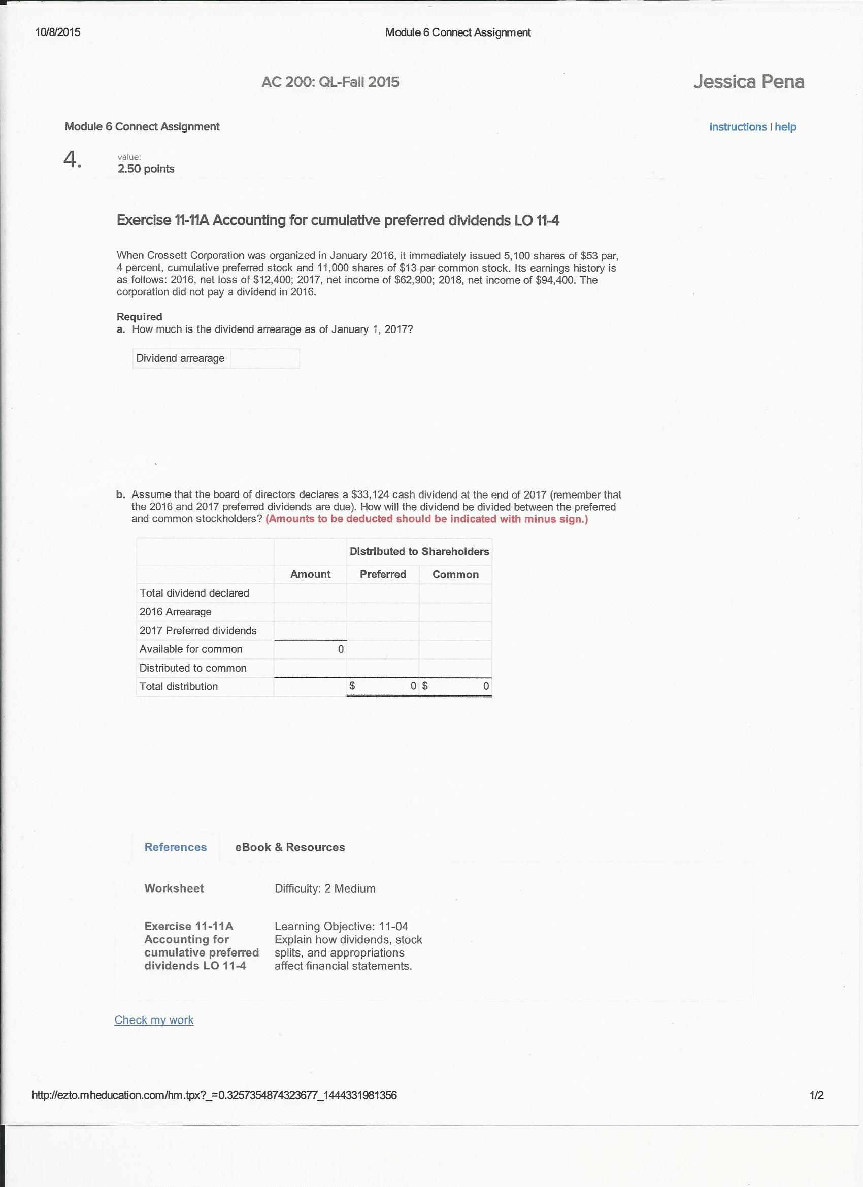 Solved Accounting for cumulative preferred dividends L0 11-4 | Chegg.com