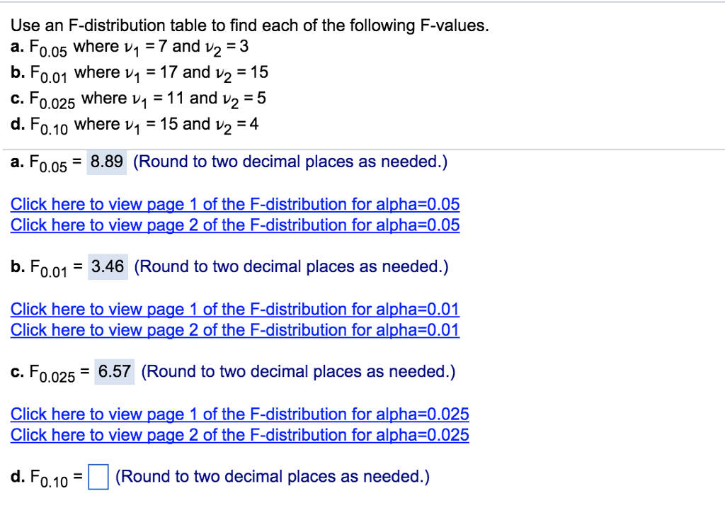 Use an F-distribution table to find each of the | Chegg.com