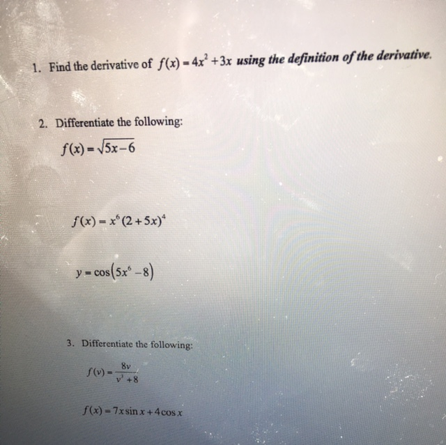 Solved Find the derivative of f(x) = 4x^2 + 3x using the | Chegg.com