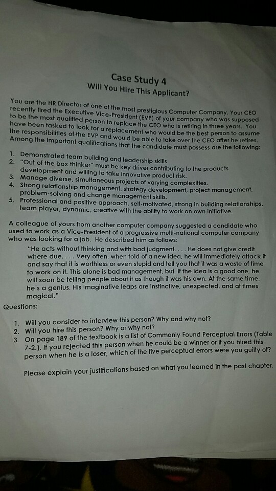 Solved Case Study 4 Will You Hire This Applicant? You are | Chegg.com
