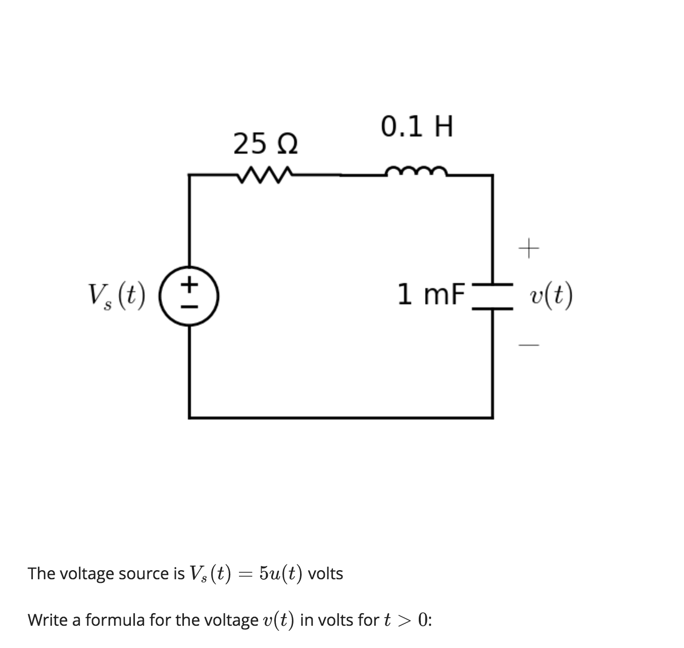 Solved The voltage source is Vs(t)=5u(t) volts Write a | Chegg.com