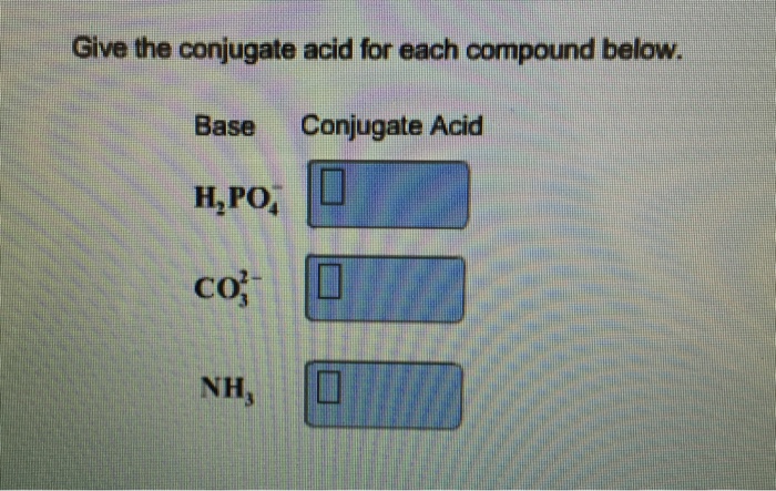 Solved Give the conjugate add for each compound below. Base | Chegg.com